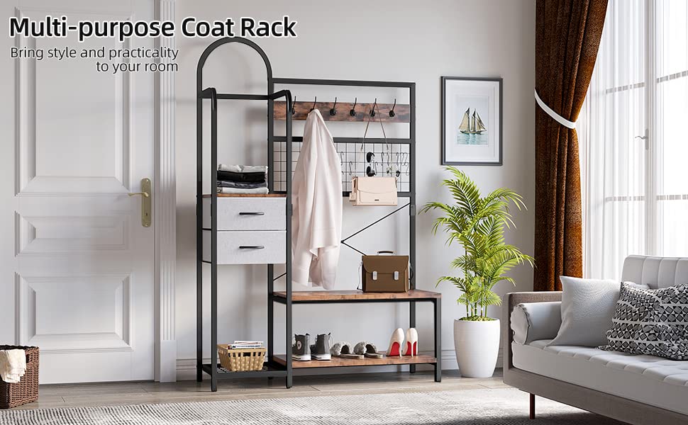 YITAHOME Entryway Hall Tree with 16 Metal Hooks, Coat Rack Stand with Side Shelves, Industrial Coat Rack Shoe Bench with 2 Foldable Drawer, Gray, 70" High