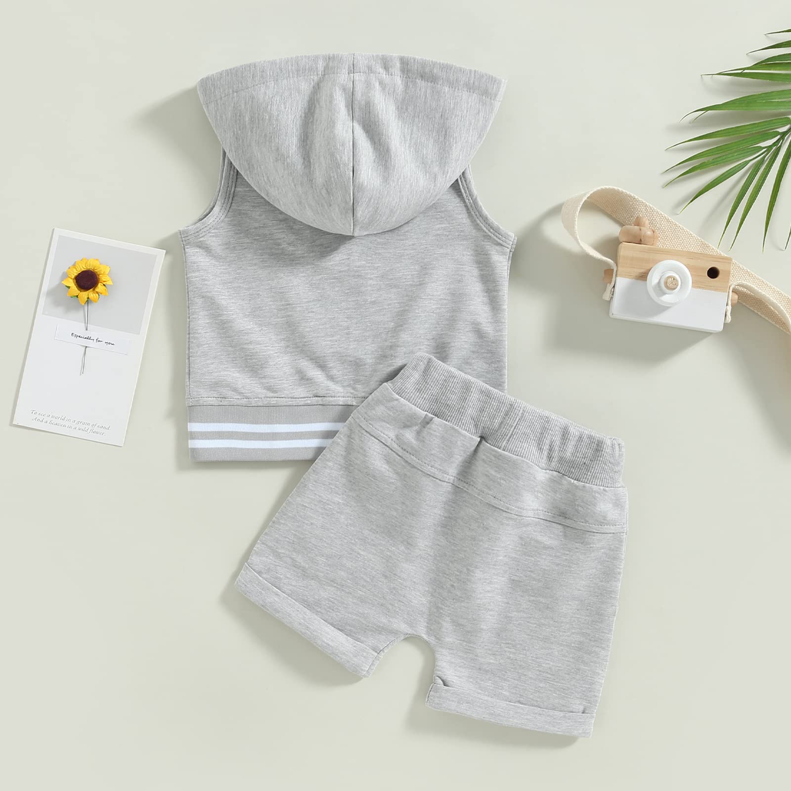 Hnyenmcko Infant Baby Boys Summer Clothes Hoodie Sleeveless Tank Tops Solid Color Drawstring Shorts Set Toddler 2pcs Outfits (Gray, 12-18 Months)