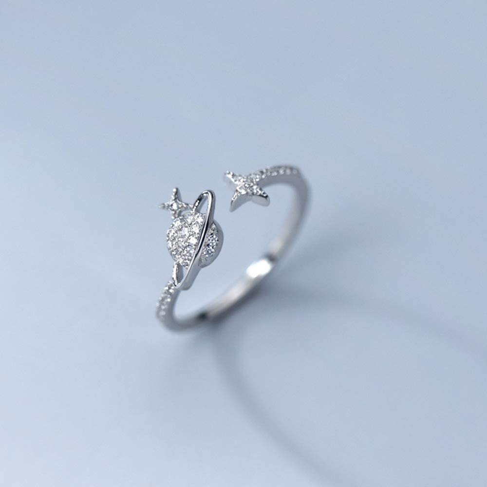 Izpack Planet Star Sterling Silver Open Stacking Rings for Women Dainty Cubic Zirconia Crystal Adjustable Engagement Promise Wedding Ring Wrap Finger Thumb Band Cute Jewelry Gifts