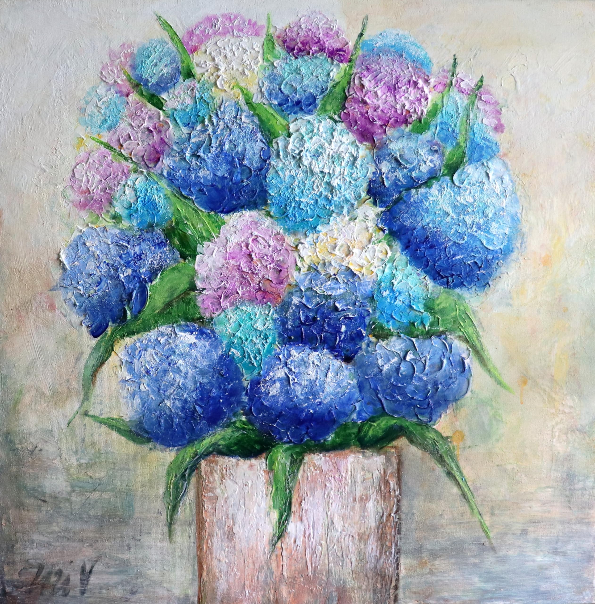 Hydrangea Flowers Blue Lavender White Bouquet in Ceramic Vase, Original Oil Painting