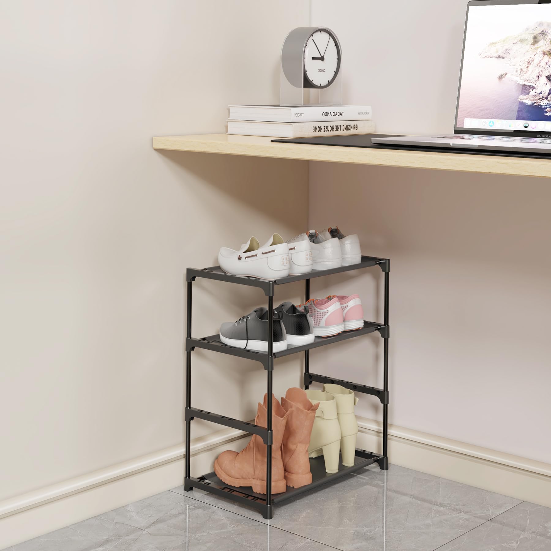 Haizsijin 4-Tier Small Shoe Rack, Stackable Nonwoven Shoe Storage Organizer Metal Narrow Shoe Shelf for Entryway, Hallway, Closet (4-black)