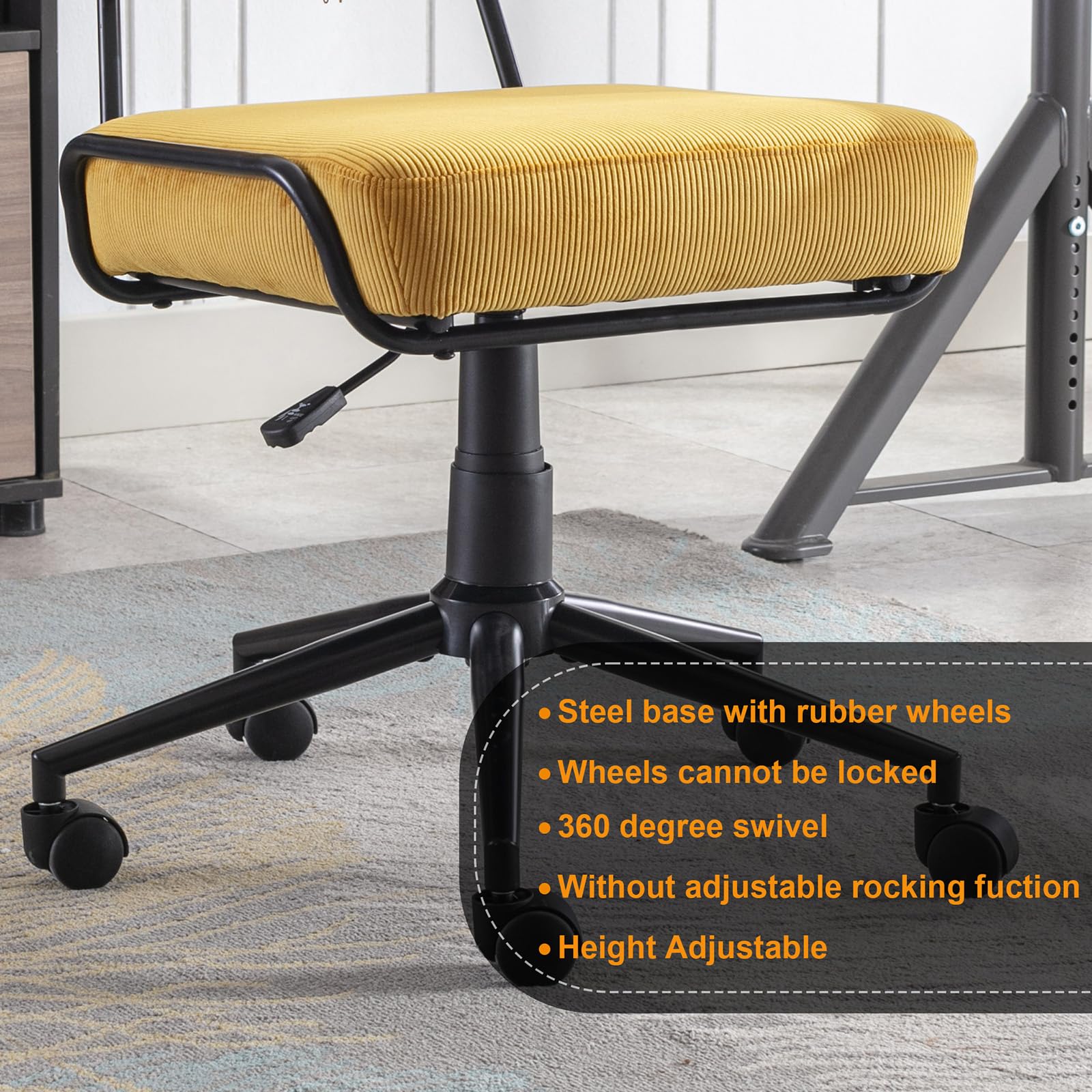 HEAVYSEVEN Office Desk Chair, Modern Corduroy Office Chair, Adjustable Swivel Home Task Chair, Mid-Back Cute Upholstered Armless Computer Chair with Wheels for Bedroom Studying Room Vanity Room