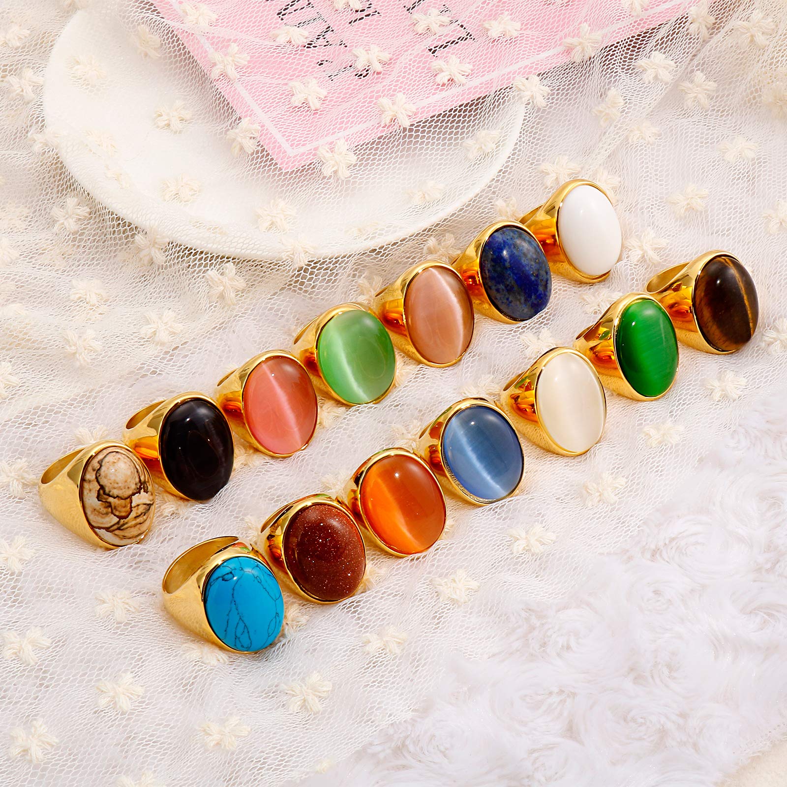 HIJONES Stainless Steel Big Oval Light Blue Cat Eye Stone Ring for Men Women Stainless Steel Wedding Promise Bands Gold Size 8