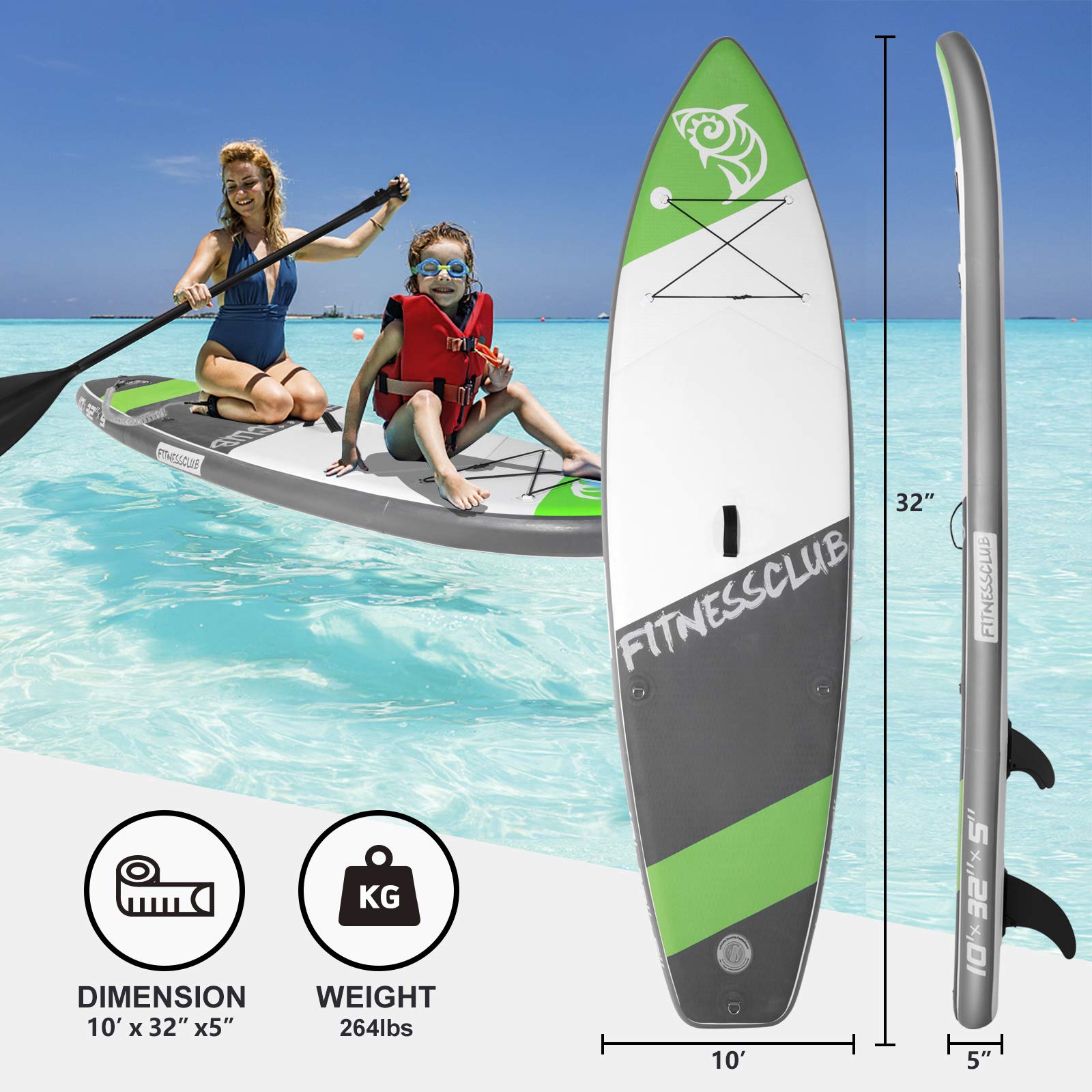 Inflatable Stand Up Paddle Board,10‘x32‘’x5‘’ Durable Lightweight Touring SUP Accessories, Wide Stance, Non-Slip Deck,10L Waterproof Bag Leash,Pump,Carry Bag, Standing Boat for Youth Adult