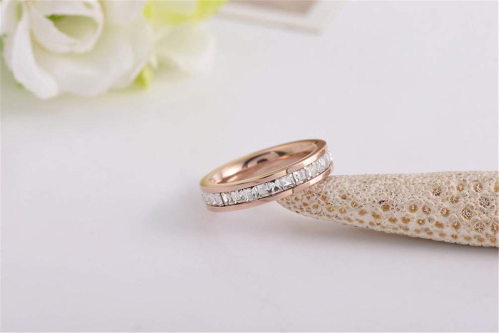HIJONES Unisex Stainless Steel 4MM Full Eternity Tiny Square Single Row Cubic Zirconia CZ Ring Fashion Wedding Engagement Bands Rose Gold Size 8