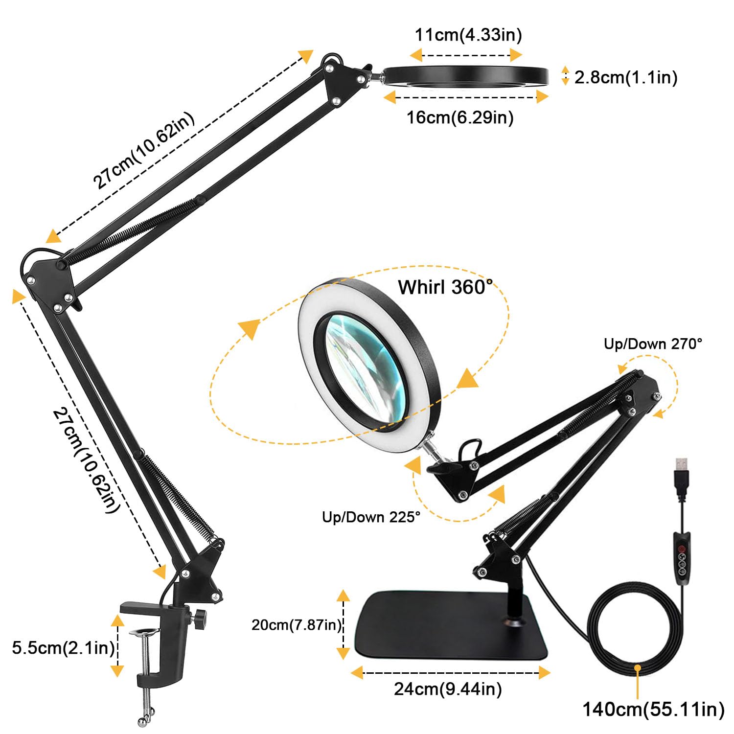 Hanbaak LED Desk Lamp with Clamp, Flexible Gooseneck Clamp Lamp, Eye Care Table Light, Touch Control, Stepless Dimmable Light for Home, Reading, Working, 13W