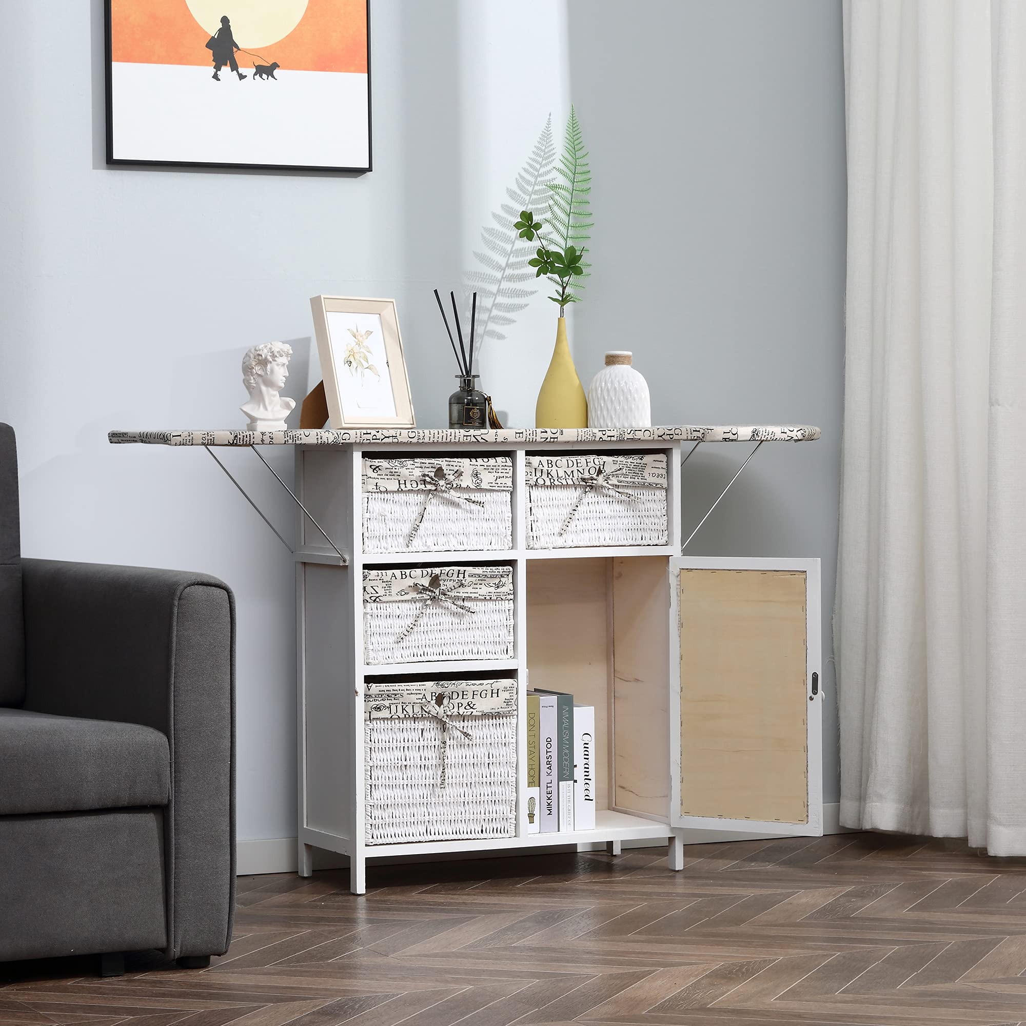 HOMCOM Drop Leaf Ironing Board with Shelves and Storage Boxes - Literary Print
