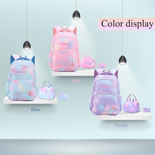 YJMKOI 3PCS Colorful Heart Print Backpack for Girls, Primary Kids Bookbag Set, Purple Backpack with Lunch Box
