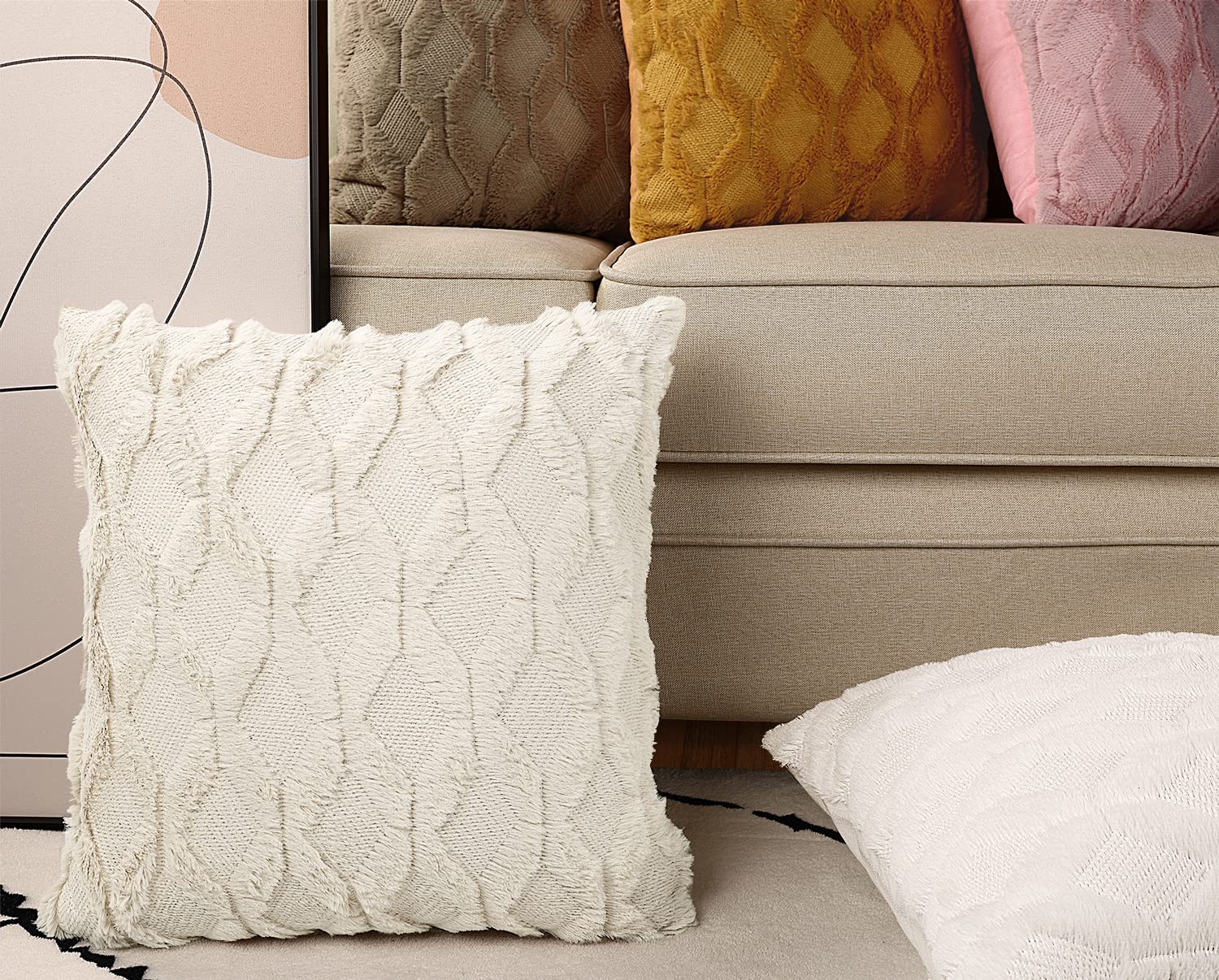 Henzxi Set of 2 Throw Pillow Covers 18x18 Inches Farmhouse Decorative, Square Boho Cushion Case with Faux Velvet Soft Plush Short Wool, Beige