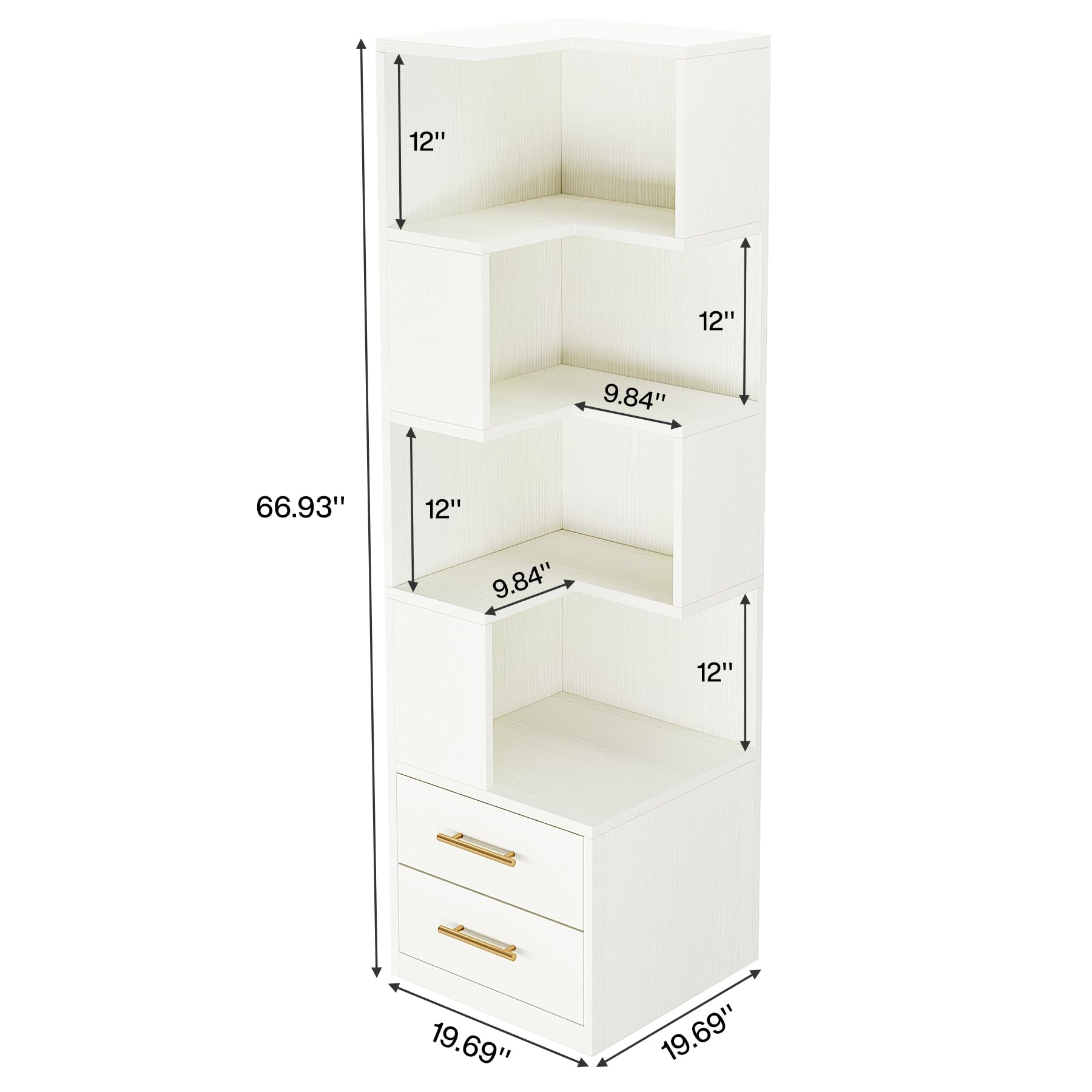 Tribesigns 5-Tier Corner Bookshelf with 2 Drawers, 66.9-Inch Tall Corner Bookcase Shelf, Modern Simple Corner Storage Cabinet Display Rack Shelf for Living Room, Home Office, Beige