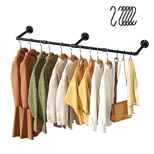 Vintage Clothes Rack, 48" Industrial Pipe Wall Mount Garment Rack, Space-Saving Heavy Duty Clothes Hanger for Closet Storage, 3 Bases, 1-Pack with 6 S-Hooks, Industrial Pipe Wall Mounted Closet Rod