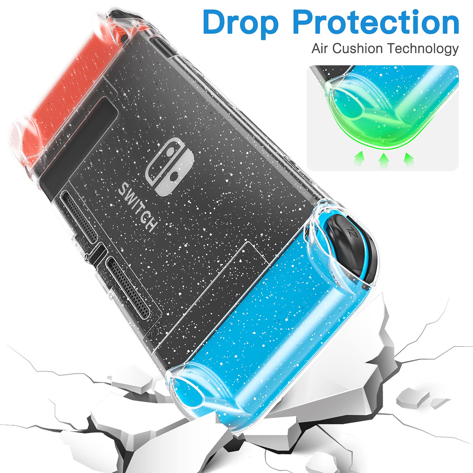HEYSTOP Case Compatible with Nintendo Switch, Dockable Protective PC Cover Case for Nintendo Switch with Screen Protector and 4 Thumb Caps (Clear Glitter)