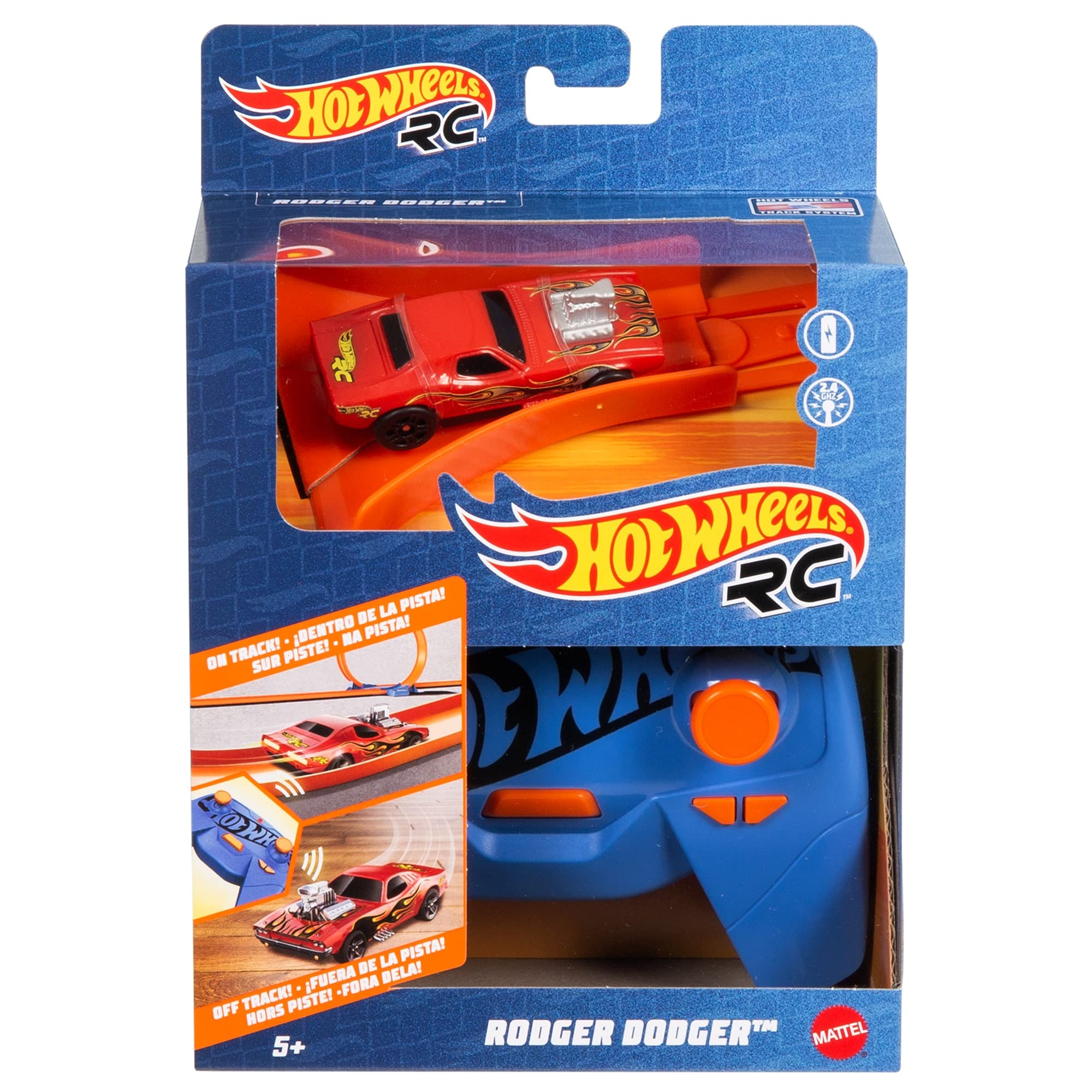Hot Wheels RC Car, Remote-Control Rodger Dodger in 1:64 Scale, Race On and Off Track, includes Track Adapter