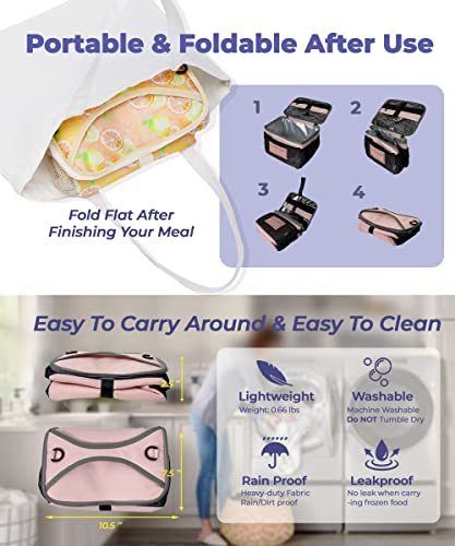 SUNNY BIRD Foldable Insulated Lunch Bag Leakproof Thermal Lunch Box for Women Men Teen with Shoulder Strap (Grapefruit Pink)