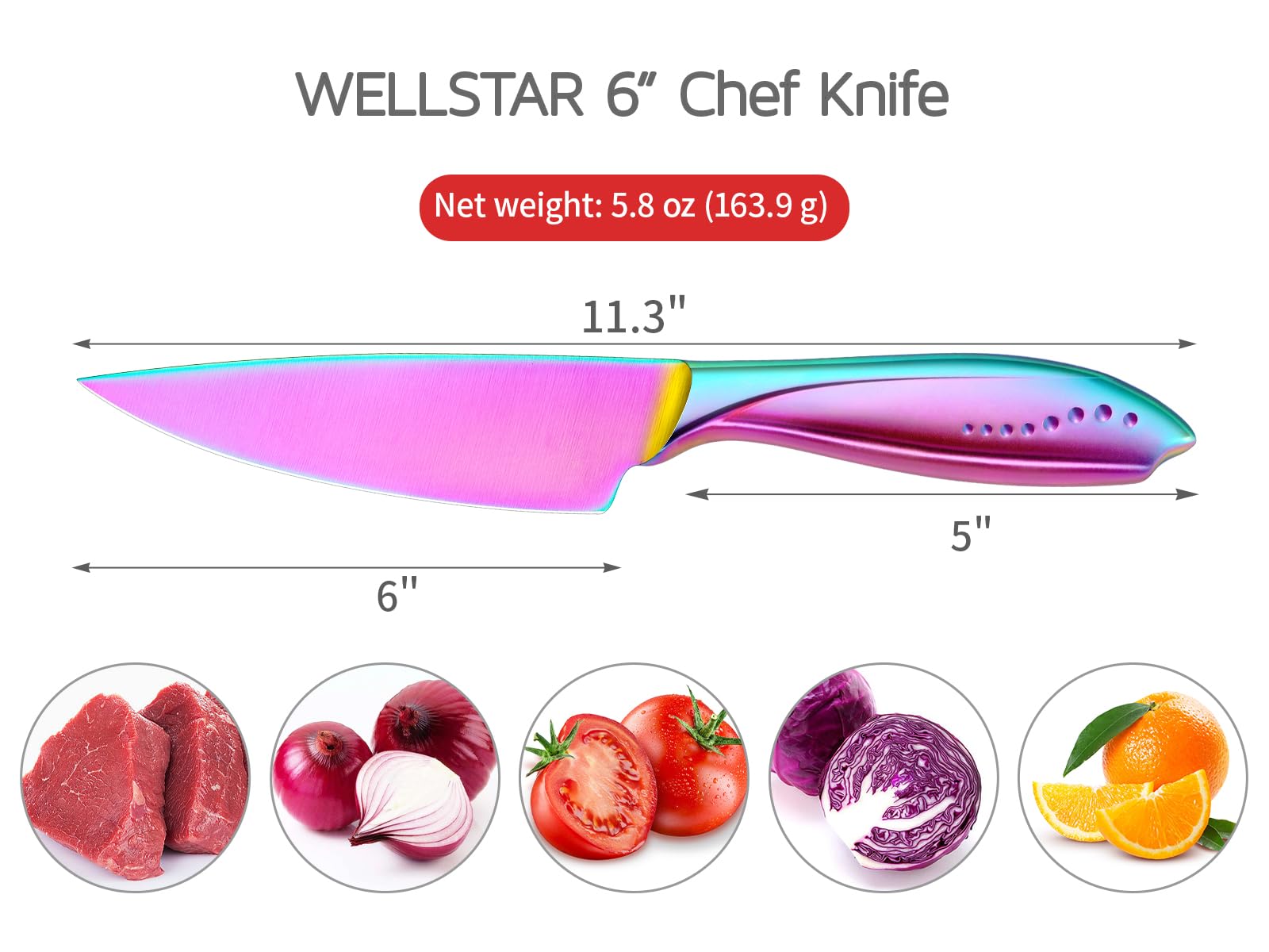 WELLSTAR Chef Knife, 6 Inch Kitchen Chef’s Knife Sharp High Carbon Stainless Steel Cooking Knife for Meat Sushi Vegetable Fruit Cutting Slicing Dicing, Useful Rainbow Kitchen Gadget