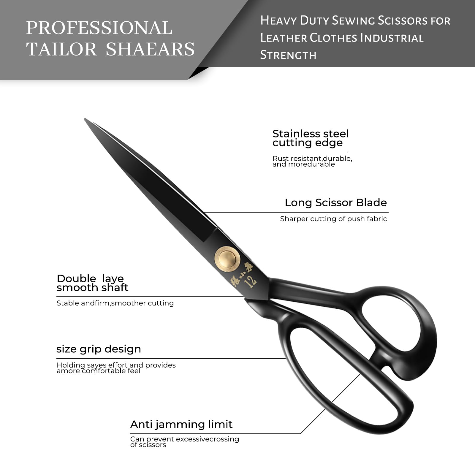 ZHANG XIAO QUAN SINCE 1628 Fabric Scissors 12 Inch Black Office Scissors, Professional Ergonomic Comfort Grip Scissors, Leather Sewing Shears for Fabric Sewing DIY Cutting Home School Craft