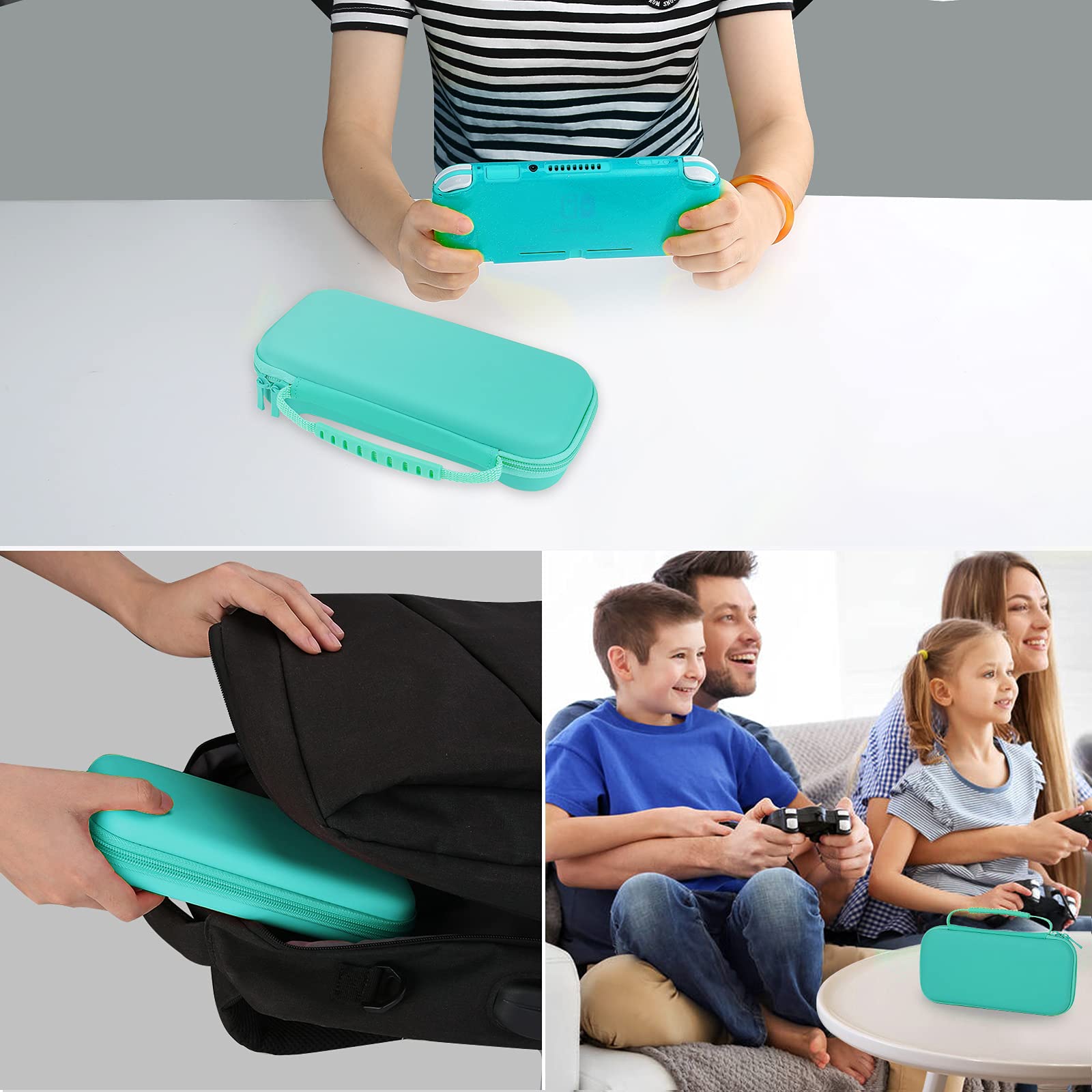 HEYSTOP Compatible with Switch Lite Carrying Case, Switch Lite Case with Soft Glitter TPU Protective Case Games Card 6 Thumb Grip Caps for Nintendo Switch Lite Accessories Kit(Turquoise)