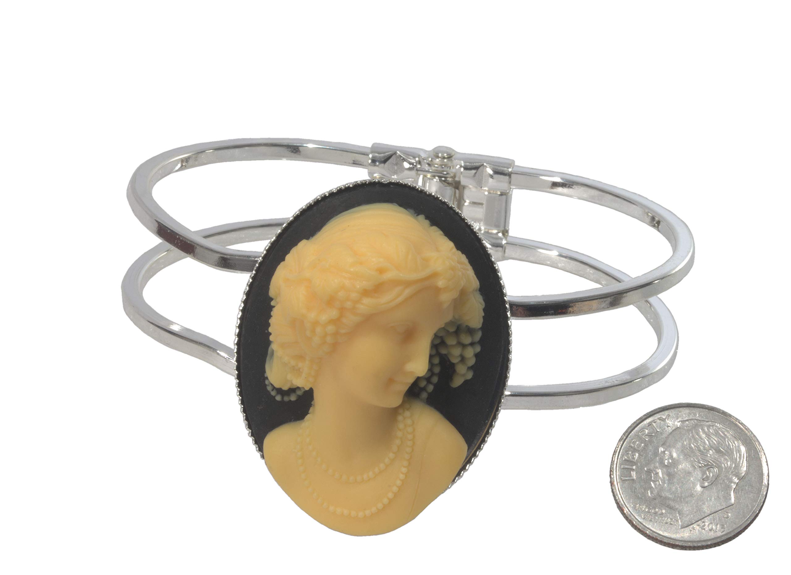 Hinged 3-D Victorian Acrylic Cameo Cabochon Silver Plated Bangle Bracelet + GIFT BAG
