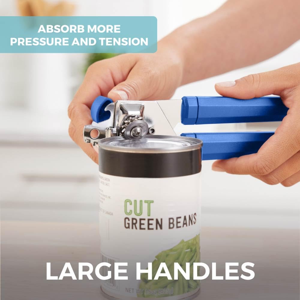 Home Genie Stainless Steel Blade and Rust Resistant Manual Can Opener, HandHeld Easy Turn Knob, Smooth Edge Cut on Lids, Large Handles with Bottle Top Openers, Kitchen Tool Accessories, Pitch Black