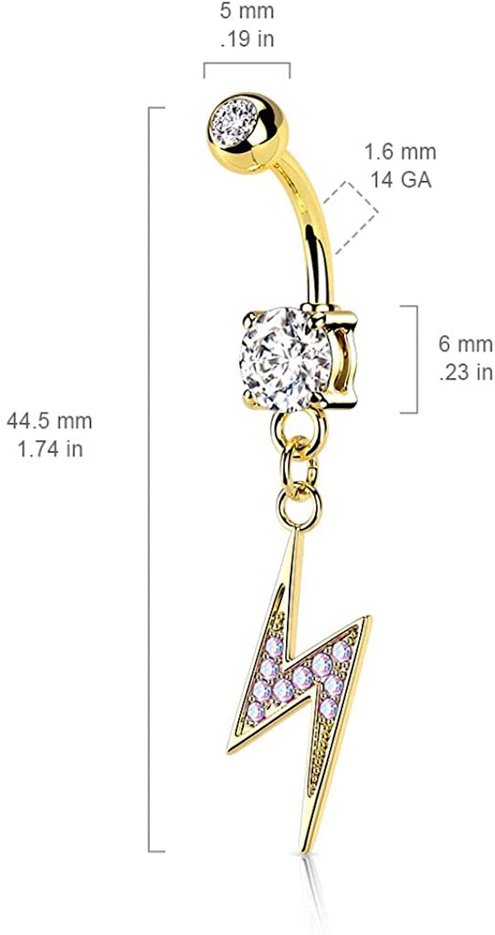 Lightning Bolt Paved with AB CZ Dangle 316L Surgical Steel Jeweled Belly Button Ring (Rose Gold)