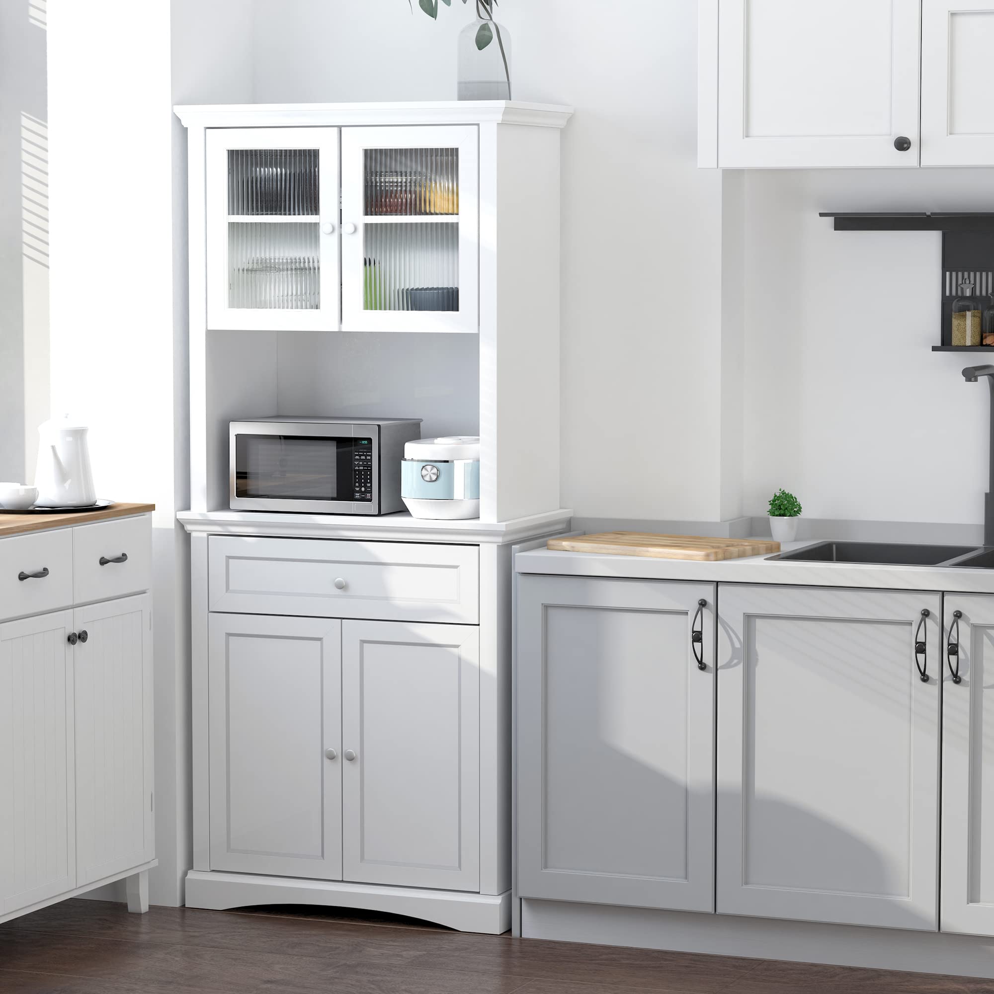 HOMCOM 71" Traditional Freestanding Kitchen Buffet with Hutch, Pantry Cabinet with 4 Doors, 3-Level Adjustable Shelves, and 1 Drawer, White