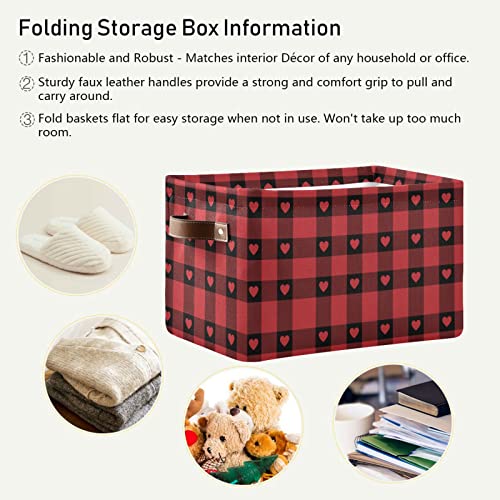 senya Valentine's Day Basket with Handles, Valentine's Day Red Buffalo Check Love Heart Foldable Fabric Collapsible Storage Bins Organizer Bag for Storage Clothes