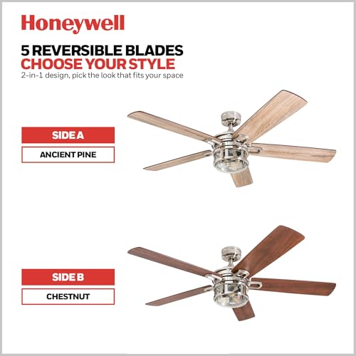 Honeywell Ceiling Fans Bonterra, 52 Inch Contemporary Indoor LED Ceiling Fan with Light and Remote Control, Dual Finish Blades, Reversible Motor - Model 50610-01 (Brushed Nickel)