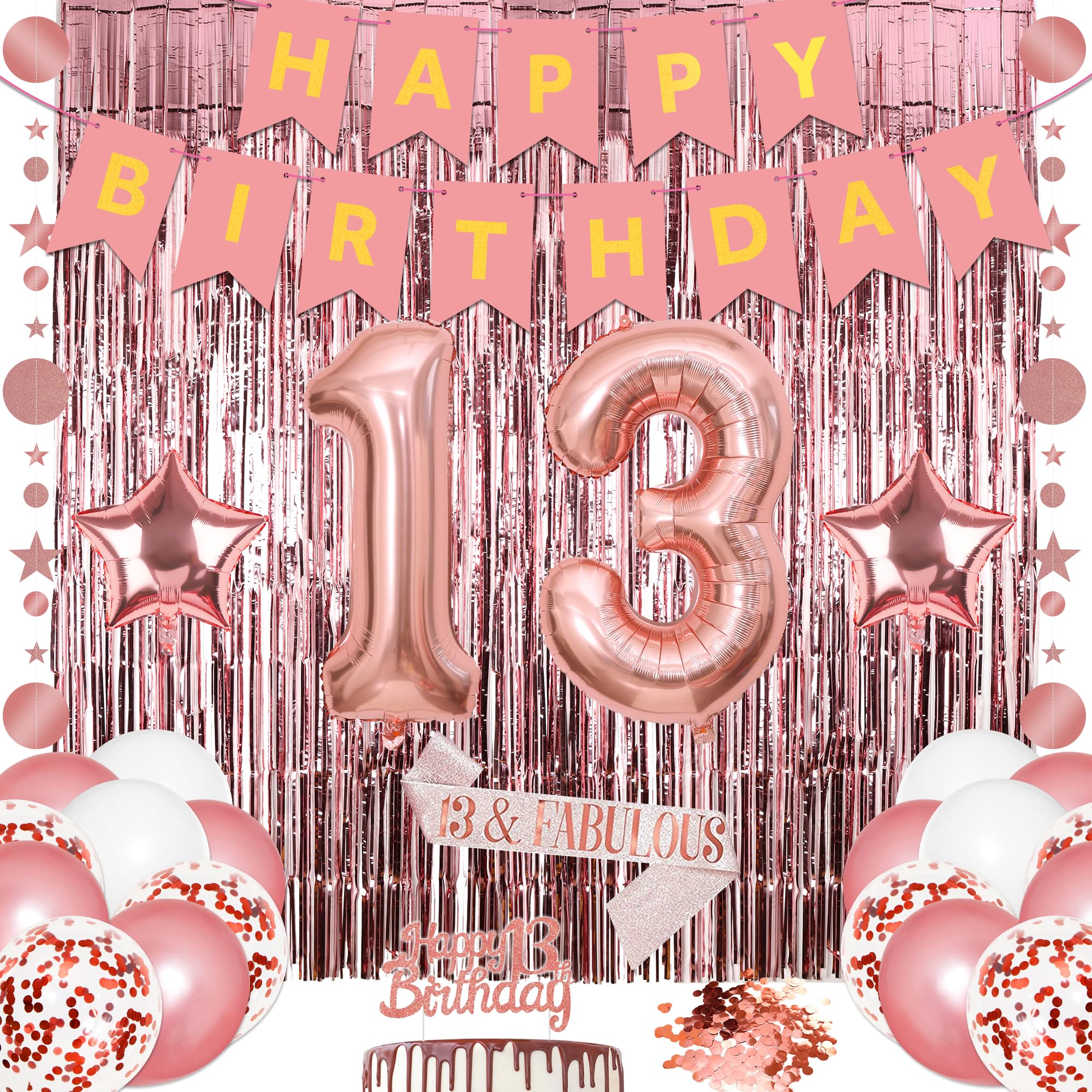 Yawagor 29 Pieces Rose Gold 13th Birthday Decorations for Girls, Happy Birthday Decor Set-13th Birthday Foil Balloons, Sash Fabulous, Cake Topper, Fringe Curtains Backdrop for Indoor Party Supplies