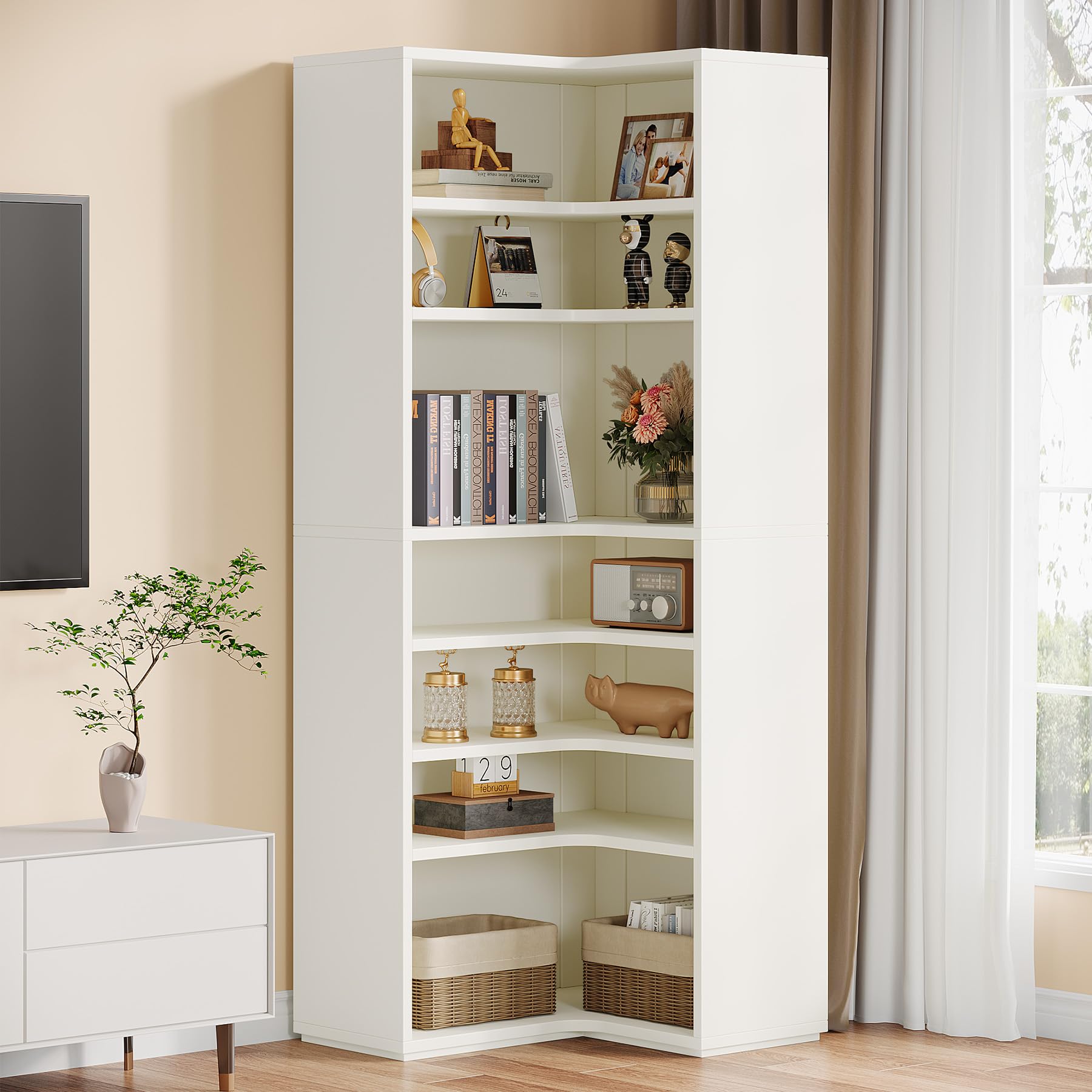 Tribesigns 65" Tall Corner Bookshelf, 9-Tier White Corner Bookcase, Modern Large Open Bookcase with Storage Shelves, Wood Display Storage Book Shelf for Living Room, Home Office, Bedroom