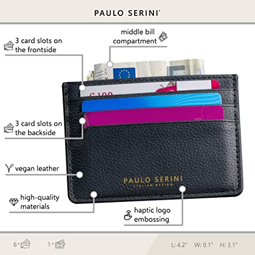 PAULO SERINI® Card Holder for Men & Women - Card Case Unisex with 6 Card Slots & Compartment for Bills - Slim Wallet vegan leather - Onyx Black