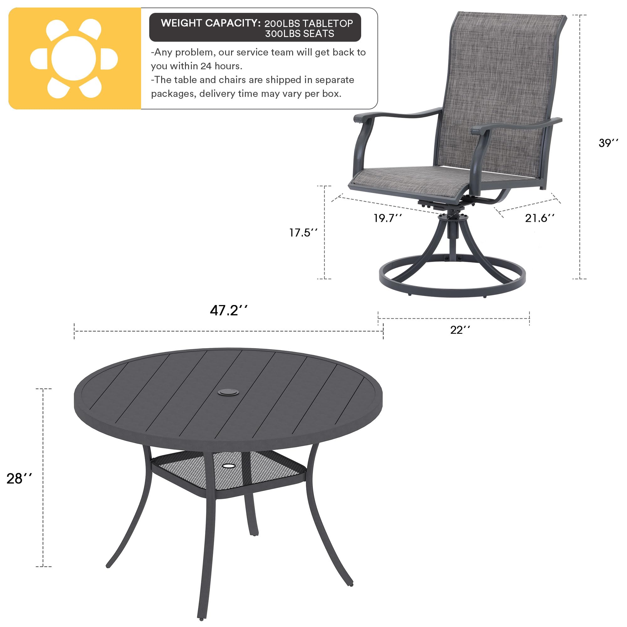 VICLLAX 7 Pieces Patio Dining Set for 6, 48" Round Patio Table and 6 Swivel Outdoor Chairs for Lawn Garden, Patio Dining Table and Chairs, Black Table