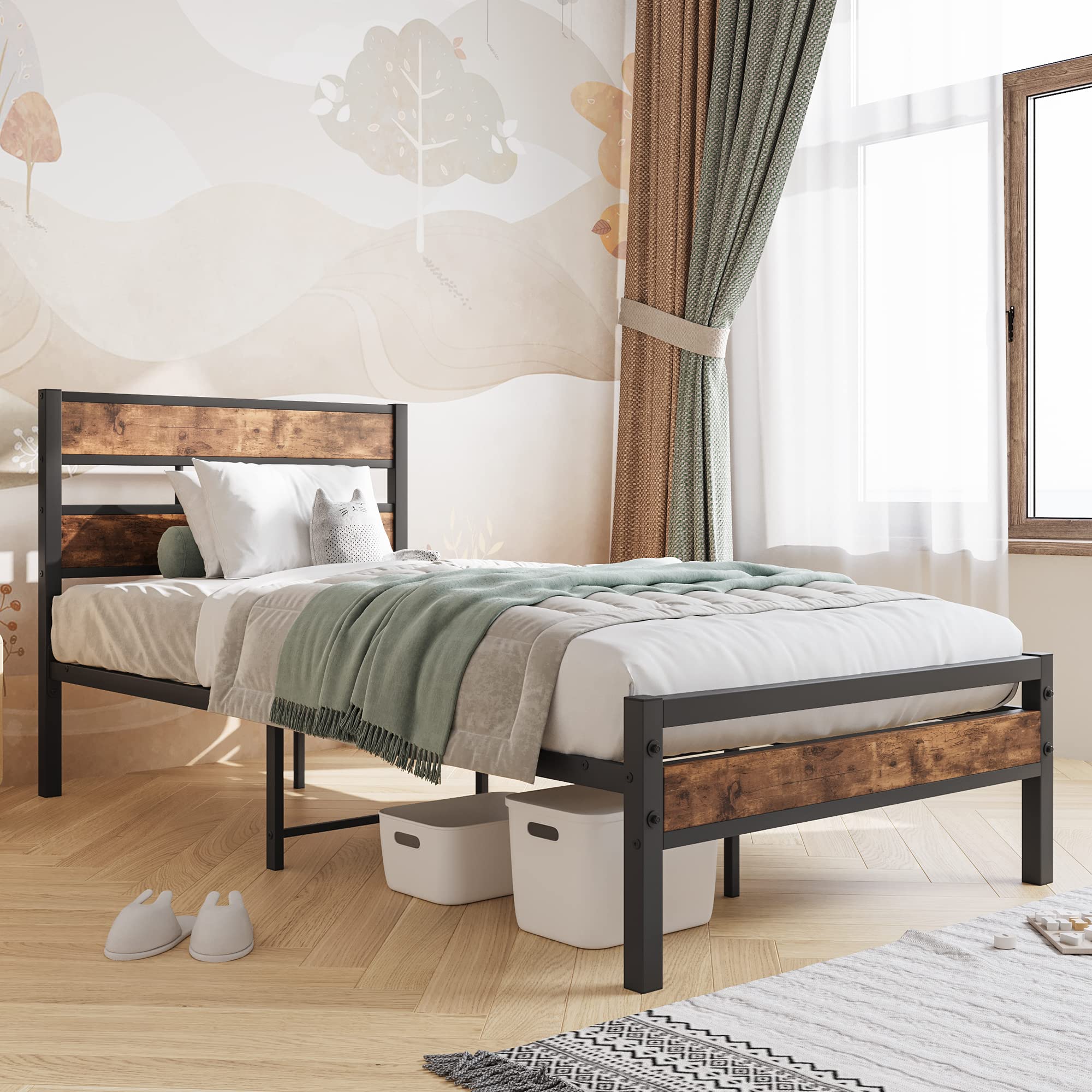 HOJINLINERO Queen Bed Frame with Wood Headboard,Platform Bed Frame Queen Size No Box Spring Needed,Heavy Duty Steel Slats, More Sturdy, Noise-Free,Easy Assembly/Rustic Brown