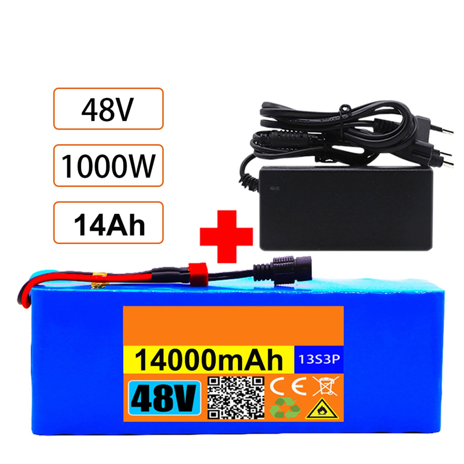 HefddEHY 48V 14000Mah Lithium-Ion Battery Pack,Built in 20A BMS,with T Connector + 54.6V 2A Charge,for 250W- 1000W E-Bike Electric Bicycle Scooter