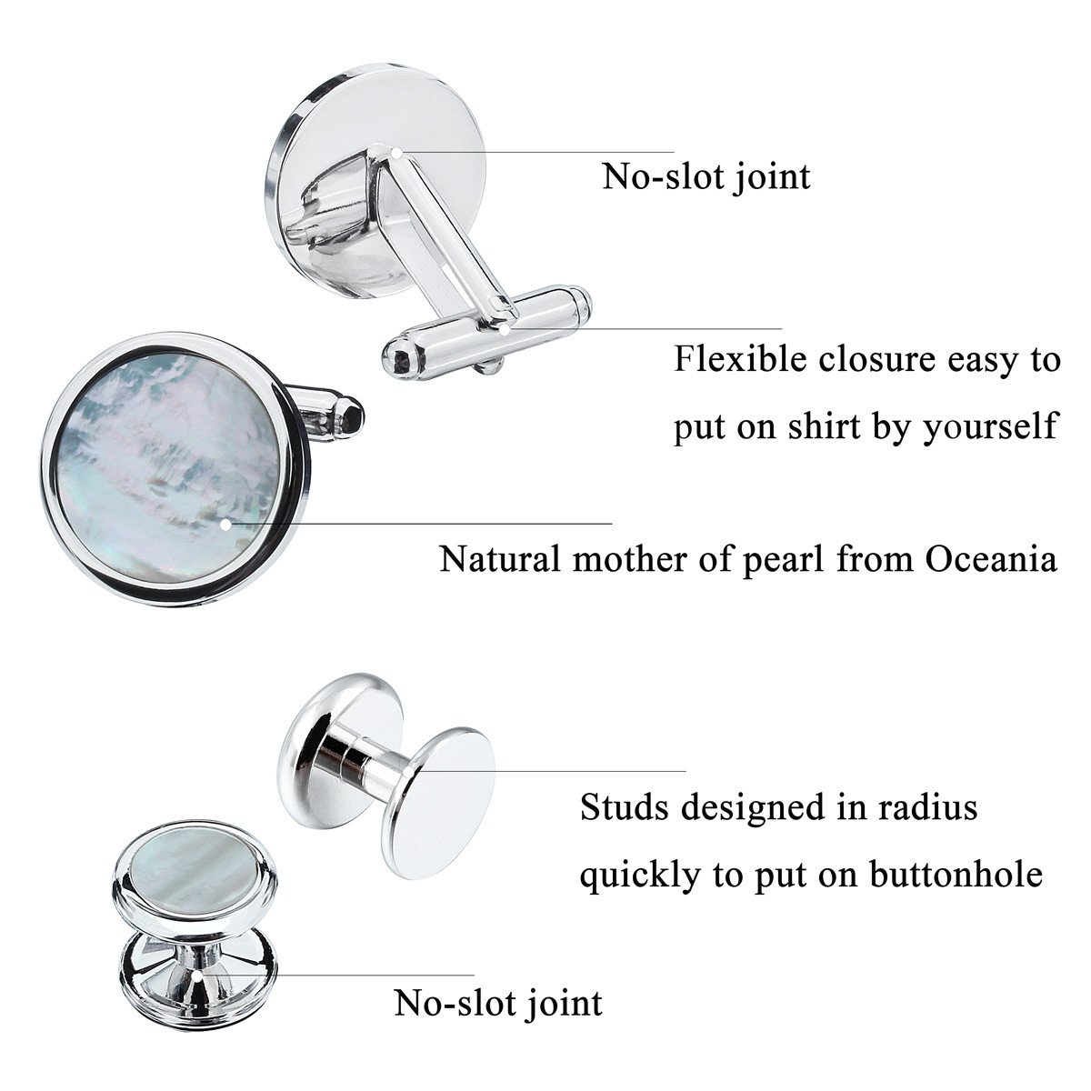 HAWSON Mother of Pearl Man Tuxedo Shirt Studs and Cufflinks Set for Wedding Business (Silver or Gold Tone)