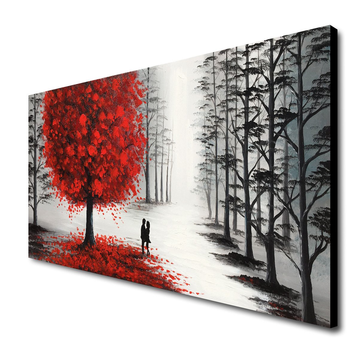 Hand Painted Oil Painting Black and White Landscape Canvas Wall Art with Red Tree for Living Room
