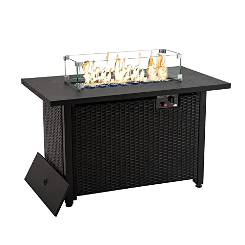HANLIKO 42 Inch Outdoor Propane Gas Fire Pit Table, 50,000 BTU Auto-Ignition Gas Firepit with Glass Wind Guard, Alloy Wood Grain Tabletop, Black