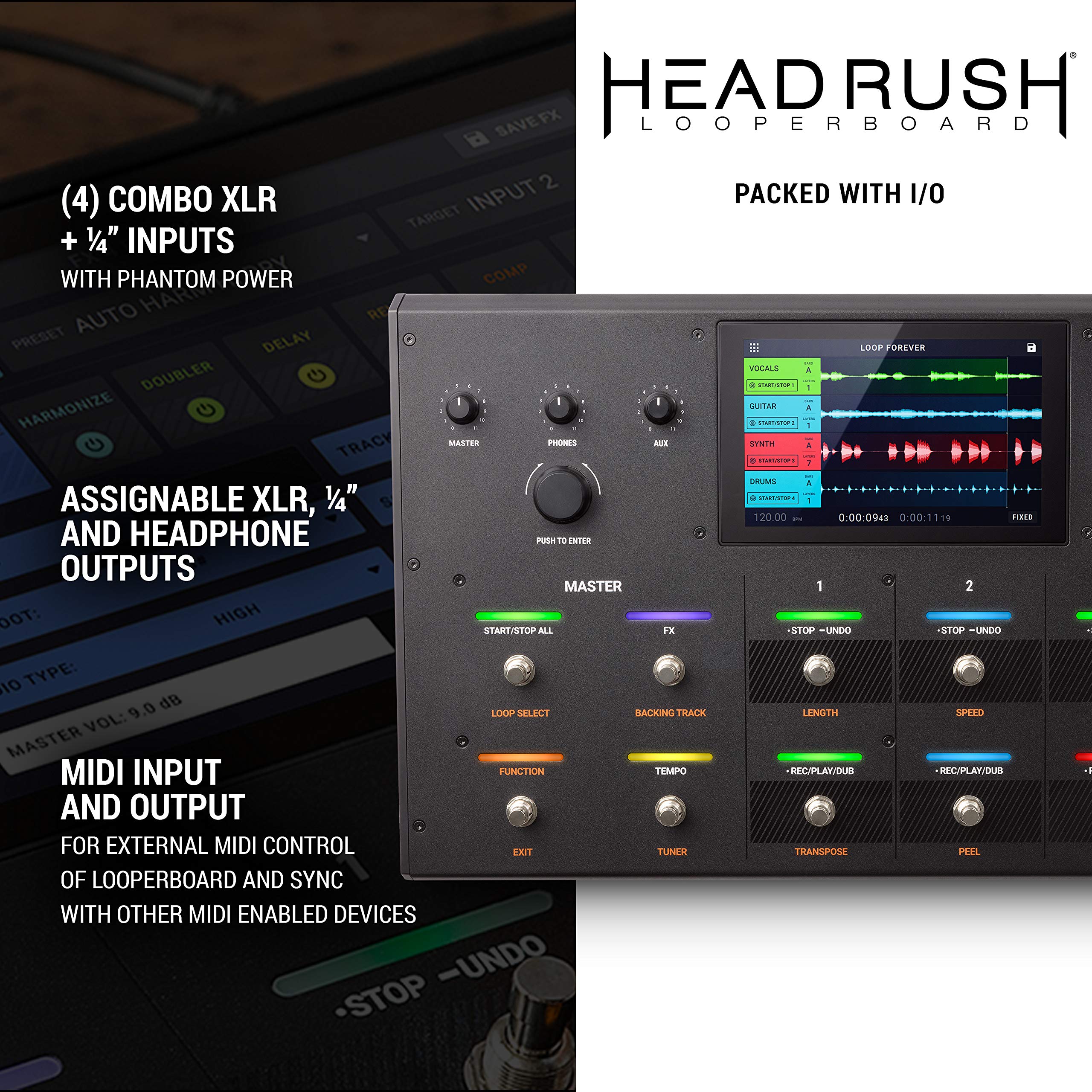 Headrush LOOPERBOARD | 4-In/4-Out Looper with Intelligent Time-Stretch, Built-In FX, 7" Touchscreen, SD Card Input, Click Track & Quantization, 300 Built-In Loops & USB Audio Connectivity