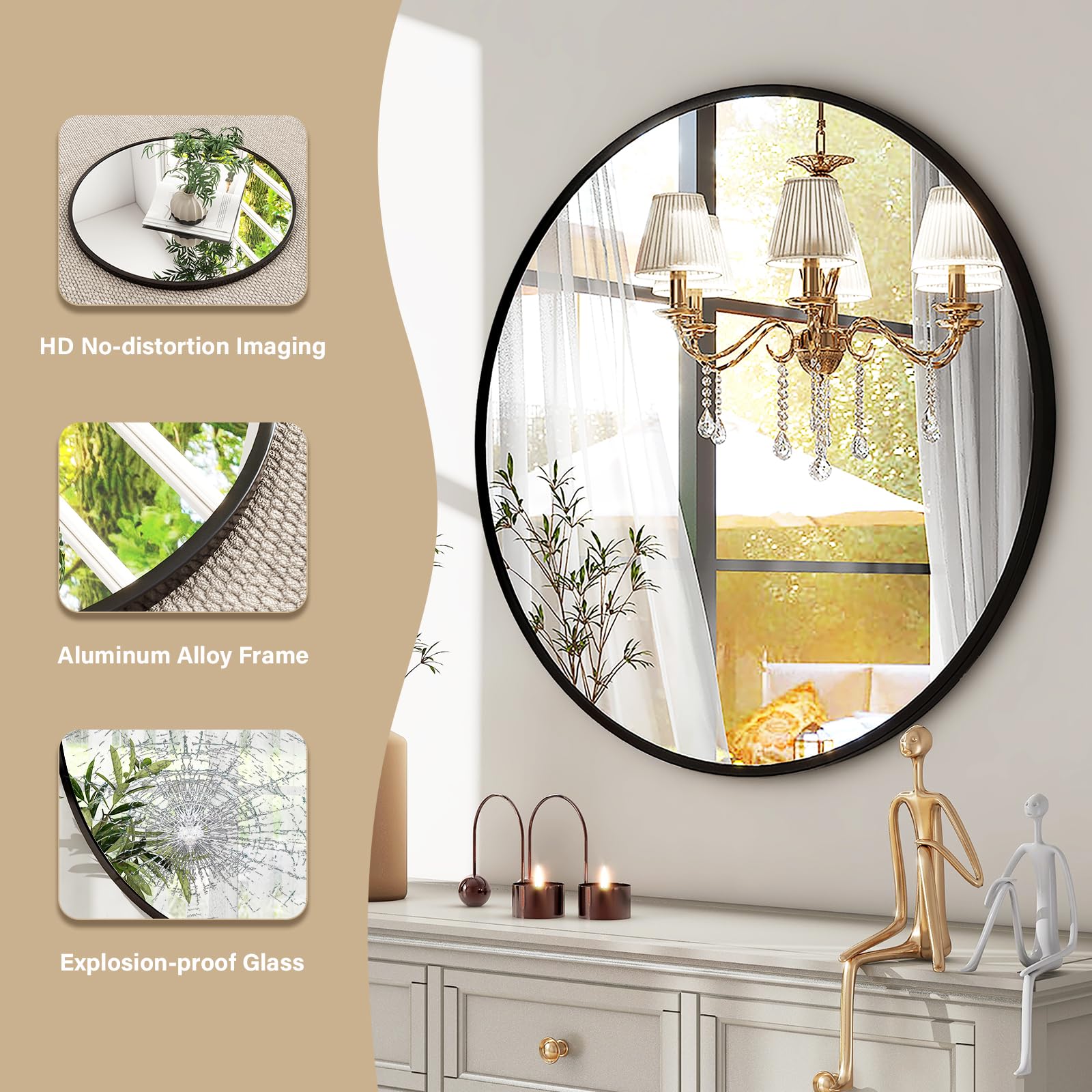 HARRITPURE Round Mirror 30 Black Wall Mounted Circle Mirrors Vanity Mirror with Brushed Aluminum Alloy Frame Modern Decoration for Bathroom, Living Room, Vanity, Bedroom, Entryway