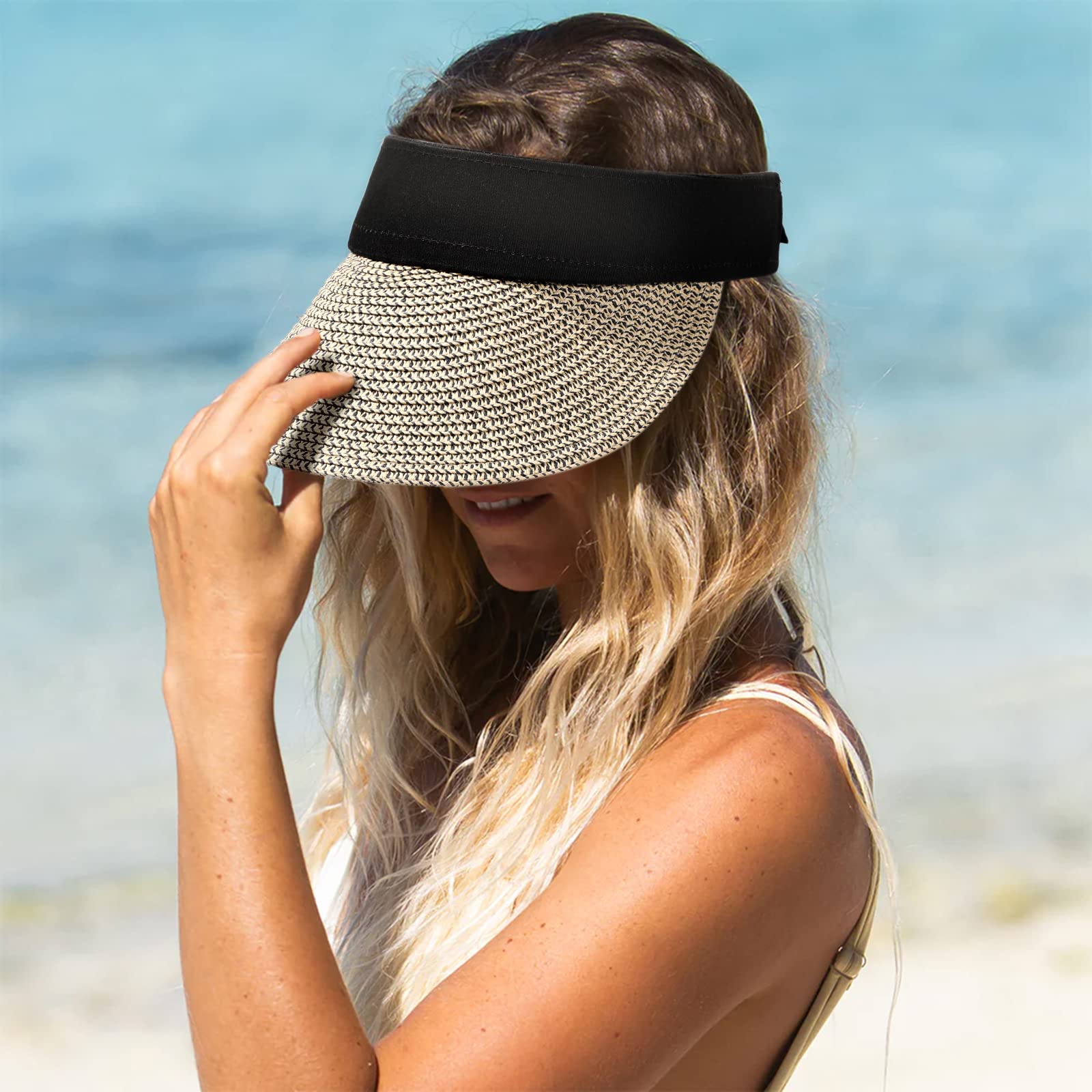 Lvaiz Sun Straw Visor Hats for Women Wide Brim Roll-up Foldable Beach Sun Visors Cap Summer UV Protection Black, One Size