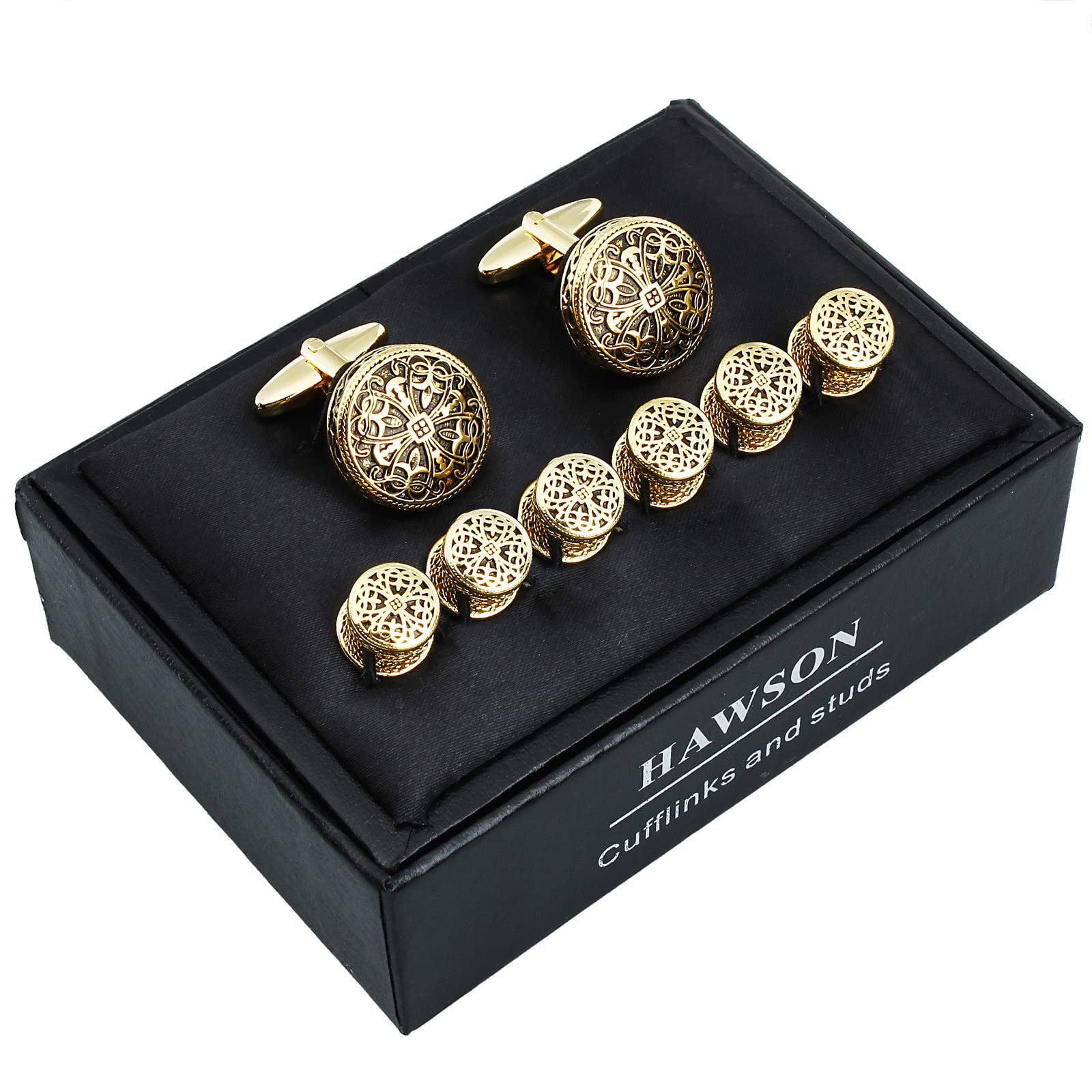HAWSON Retro Pattern Cufflinks and Tuxedo Shirt Studs Set for Men Wedding Birthday Party with Gift Box