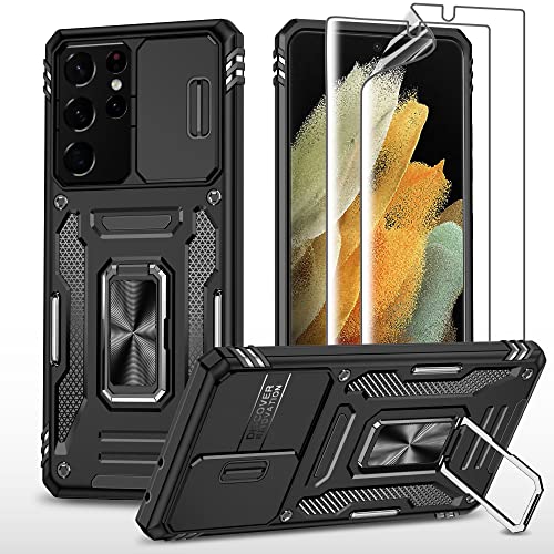 THMEIRA Samsung Galaxy S21 Ultra Case, Armor Phone Case for Samsung S21 Ultra with Screen Protector [Soft 2 Pcs] with Camera Cover, Galaxy S21 Ultra Magnetic Ring Case Anti-Fall Drop Protection, Black