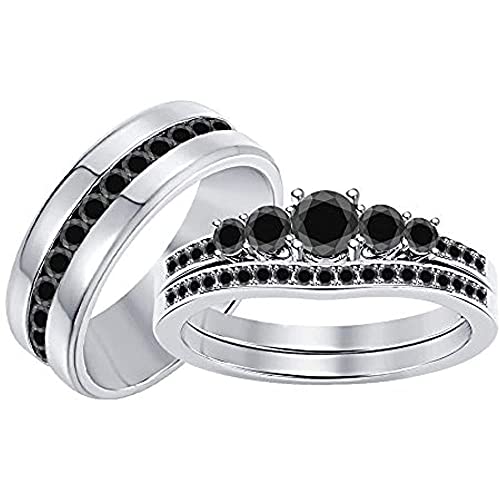 Her Engagement Ring And His Her Wedding Band 5 Stone Round Cut Created-Black Diamond Trio Ring Set 14K White Gold Over 925 Sterling Silver