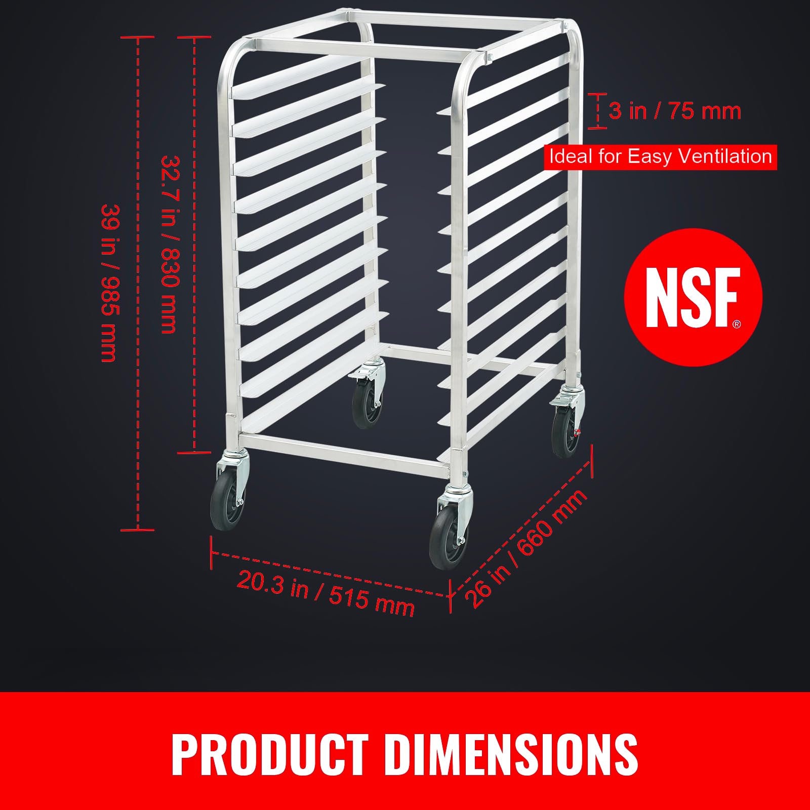 Zoorse Bun Pan Rack, 10-Tier Commercial Bakery Rack with Brake Wheels, Aluminum Racking Trolley for Half & Full Sheets, Speed Rack for Kitchen and Home, 26" L x 20.3" W x 39" H