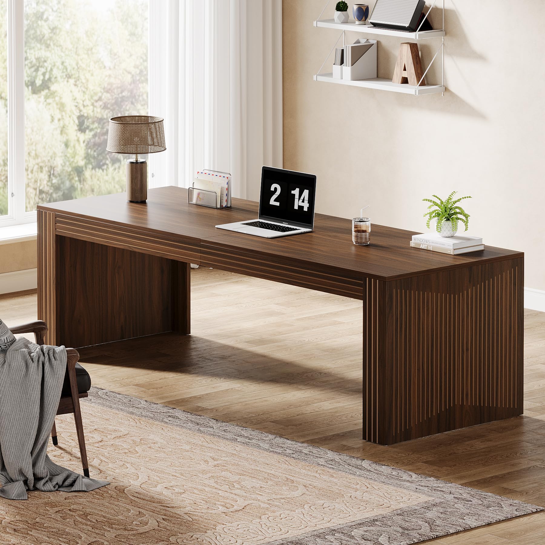 Tribesigns 79-Inch Extra Long Desk, Two Person Desk Double Desk for Home Office, Wooden Long Computer Desk, Writing Table Study Desk for Office, Brown