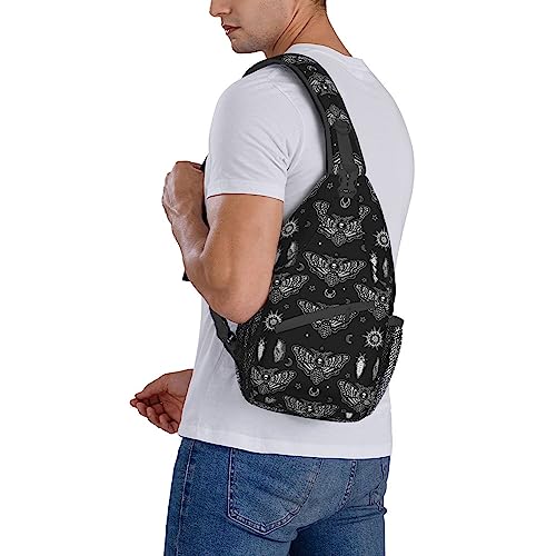 RIMENCH gothic moth skull sun moon black and white Crossbody Sling Backpack Sling Bag Travel Hiking Chest Bag Daypack