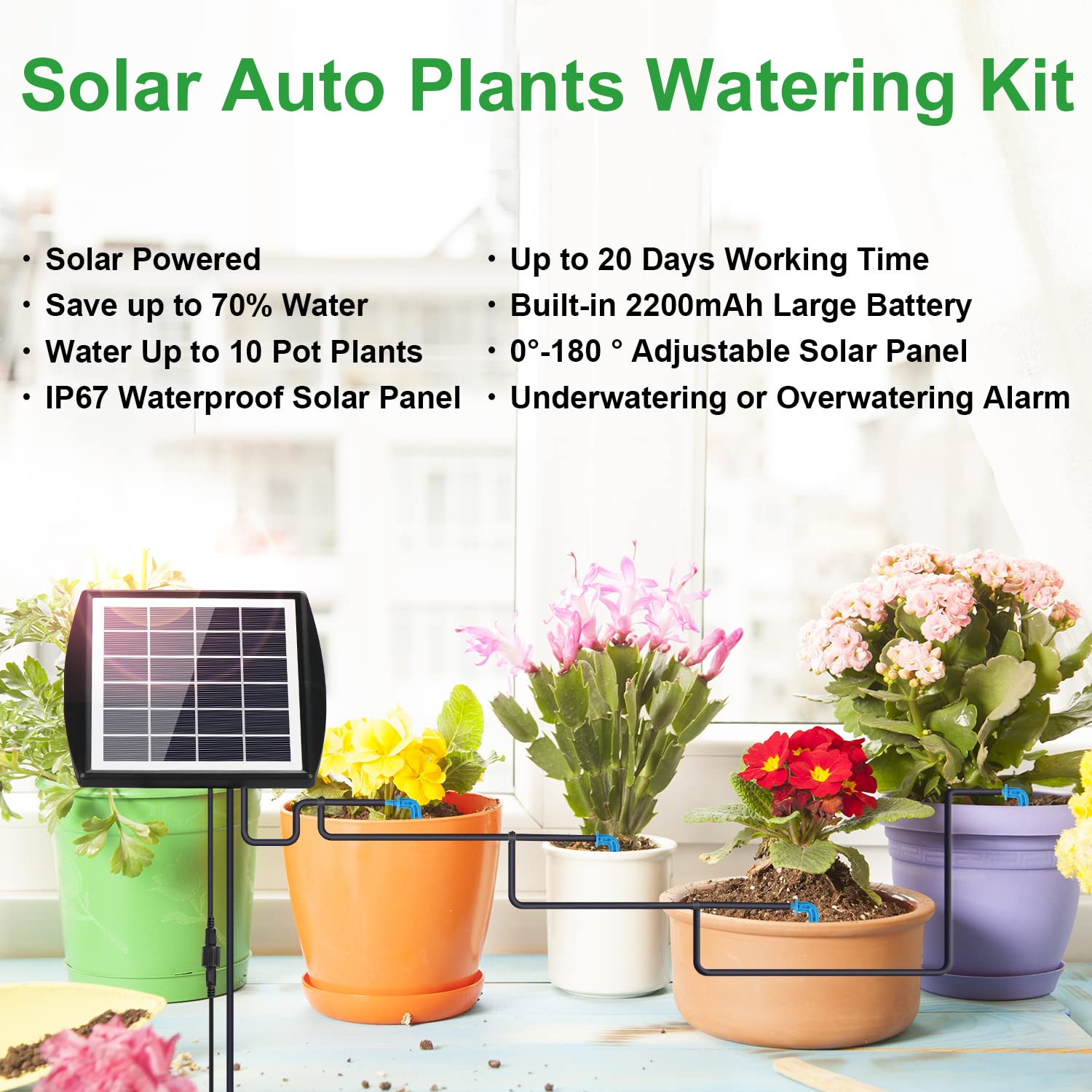 Solar Powered Automatic Watering Irrigation System for Potted Plants, Viajero Solar Auto Drip Irrigation Kit Built-in 2200mAh Battery with 6 Timers Self Watering System for Vacation Outdoor Indoor