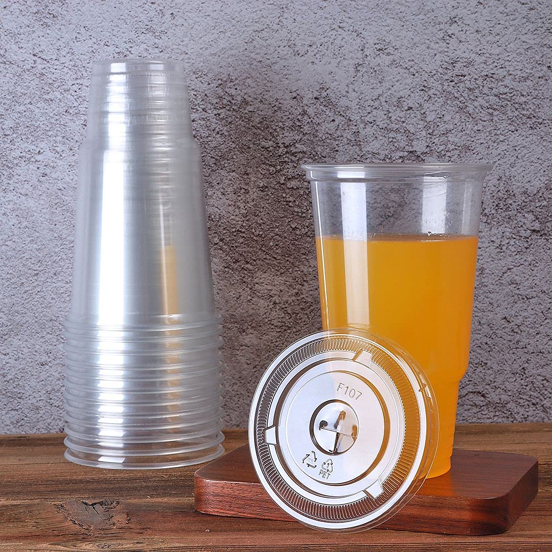 InhabitAtiveness,32 oz 50 sets clear Disposable Plastic Cups with Flat Lids Party Cup for Cold Drinks,Snack Cups,Iced Coffee Cups,Dessert Cups,Bubble Boba Cups,Tea cups,Smoothie Cups.