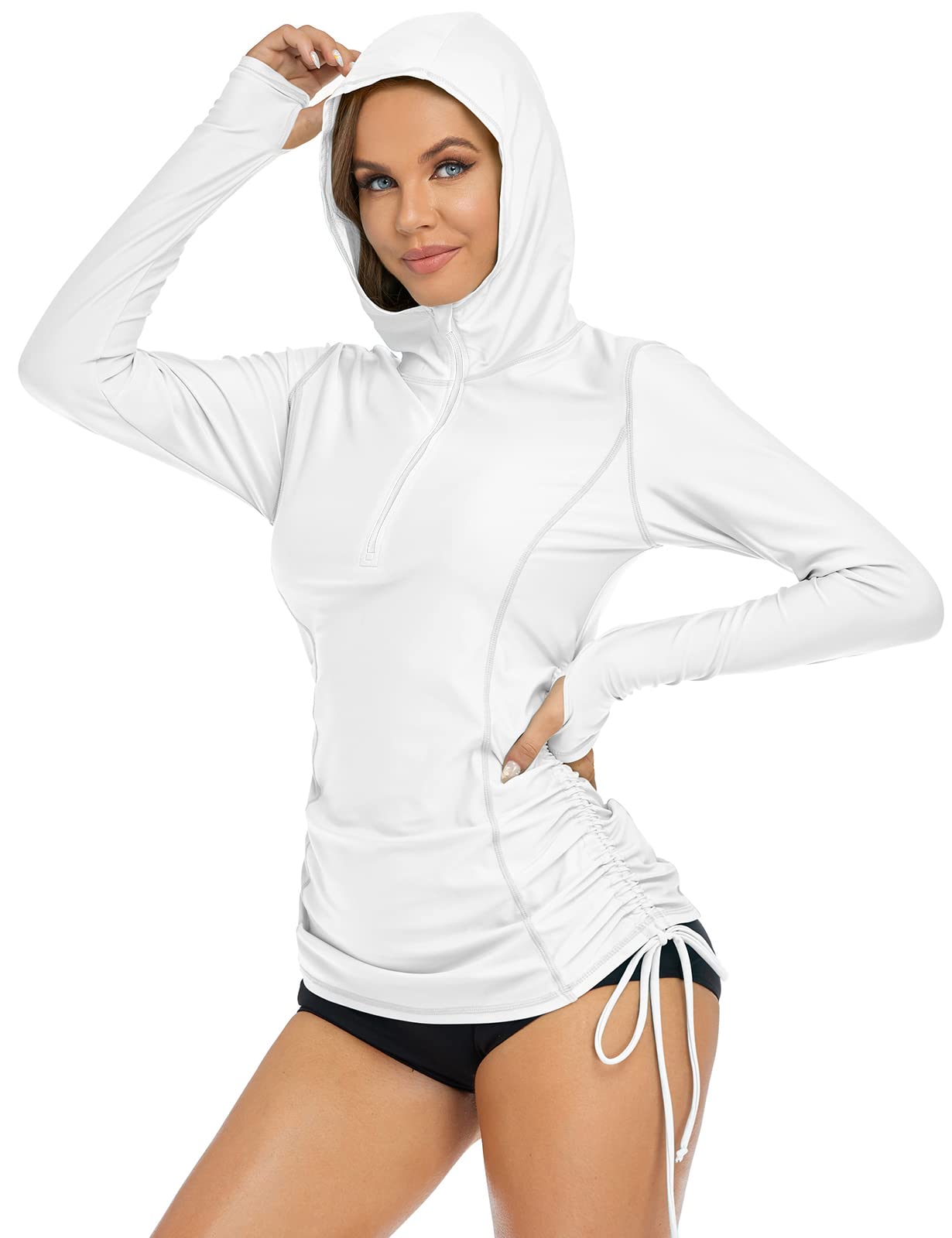 Inno Women's Hooded Long Sleeve Rash Guard Shirt Adjustable Ruched Side UPF 50+ Half-Zip Swim Top White XL