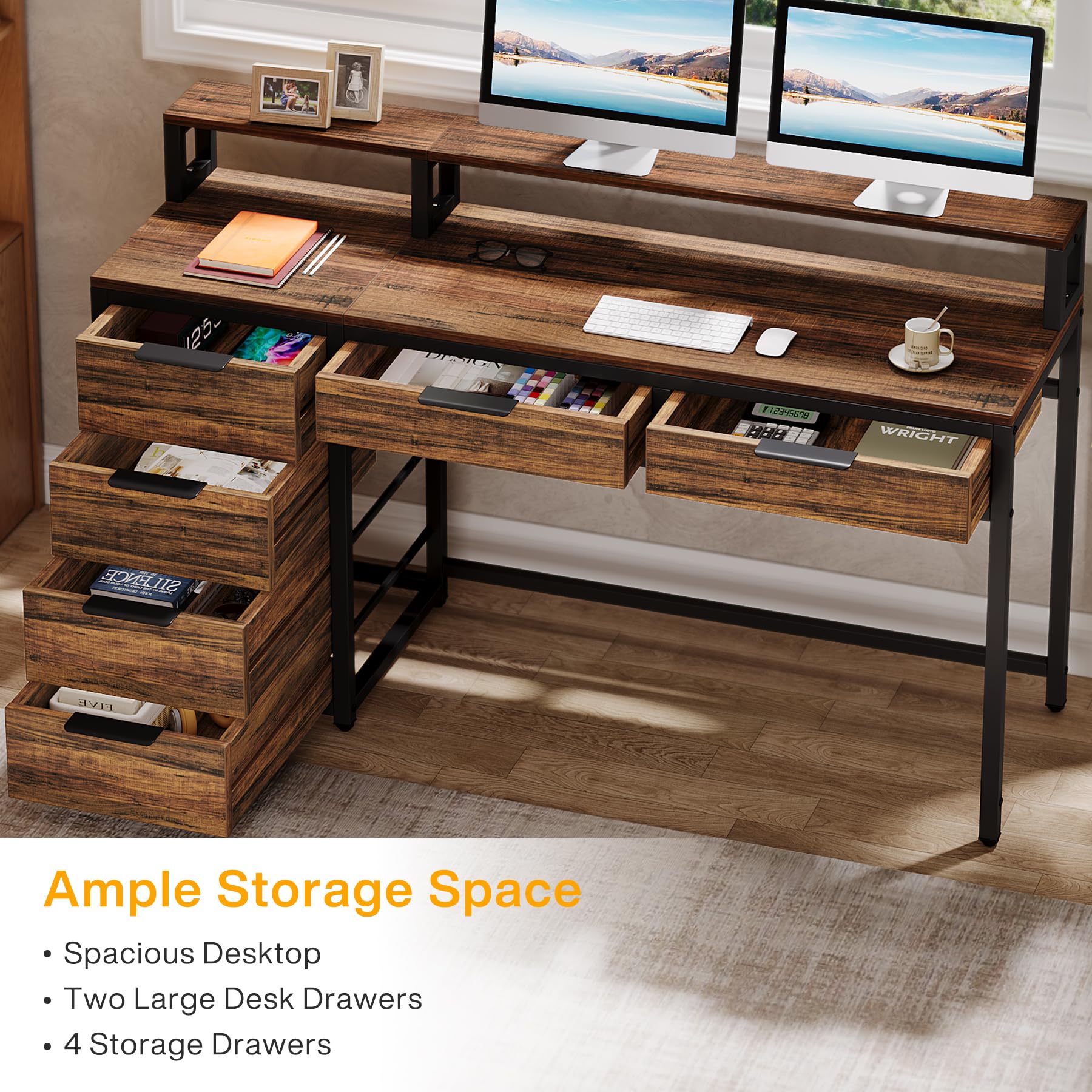 Tribesigns Computer Desk with 6 Drawers, 55-Inch Home Office Desk with Monitor Stand, Industrial PC Study Desk Writing Table Workstation for Home Office, Rustic Brown