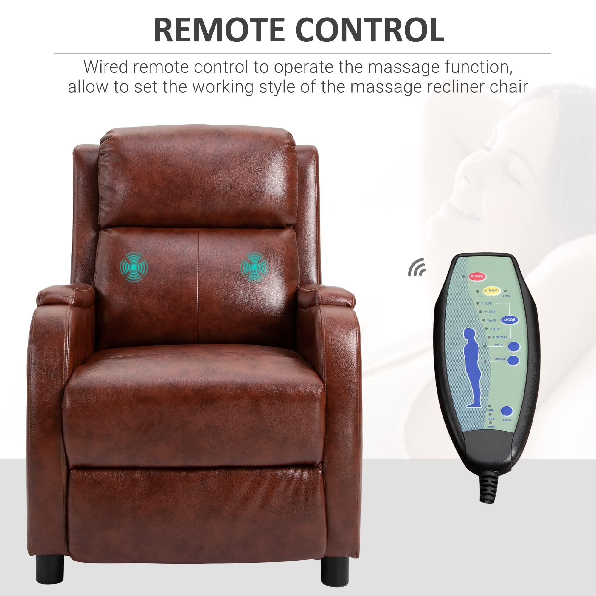 HOMCOM Massage Recliner Chair Padded Seat Cushion 165° Reclining Sofa with Side Pocket for Living Room, PU Leather, Remote Control, Light Brown